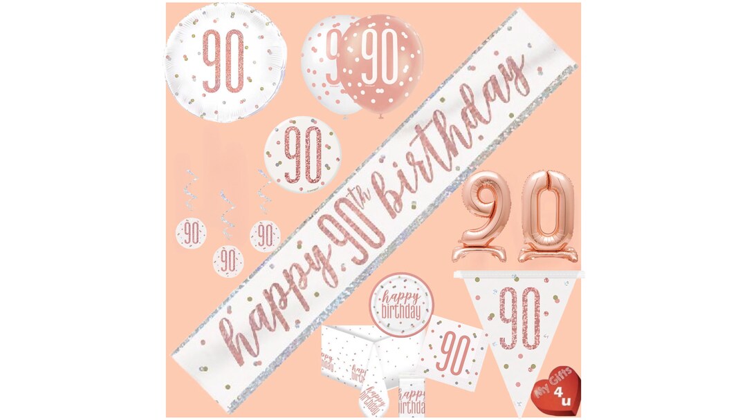 Rose Gold 90th Birthday Decorations Party Bunting Balloons Banners Age ...