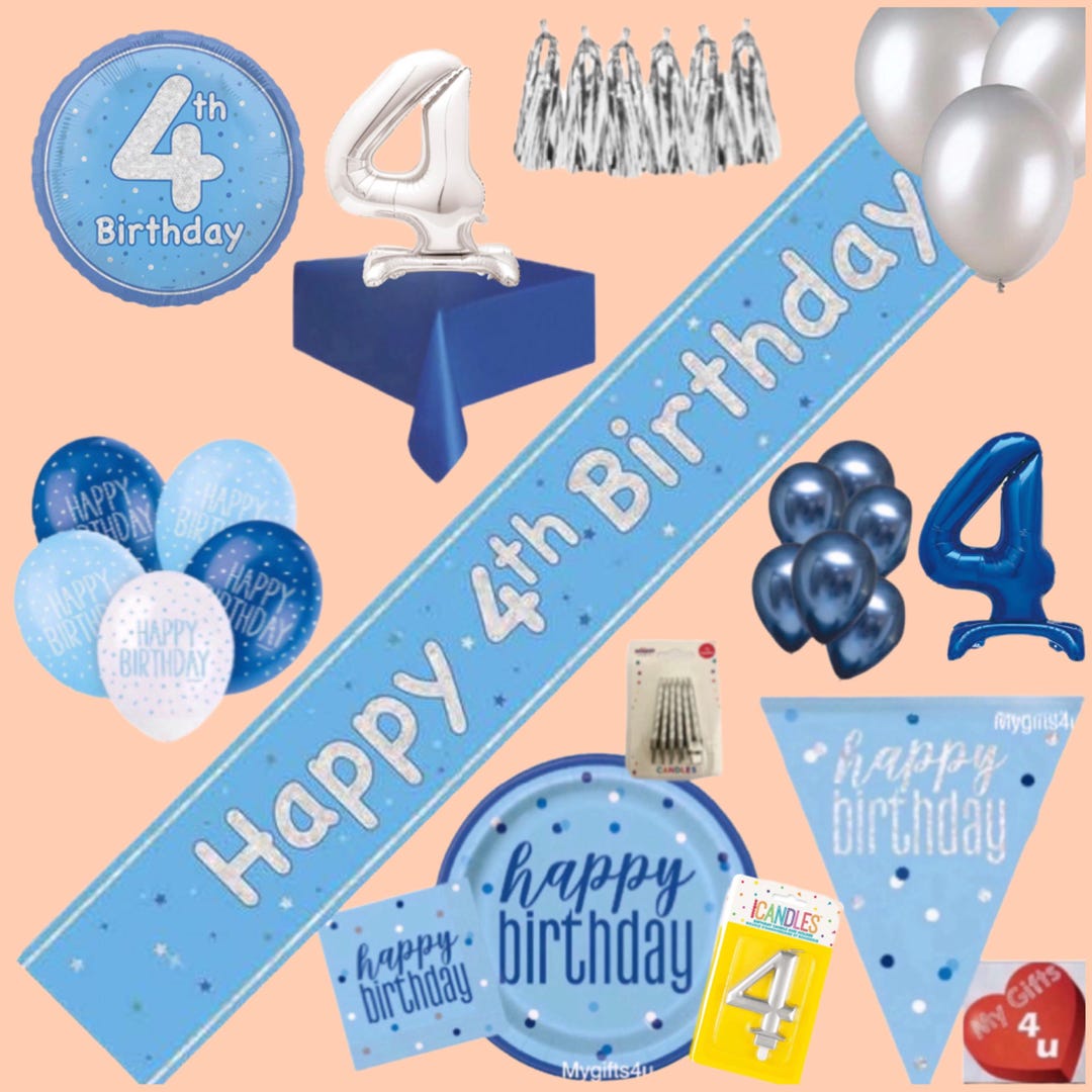 Blue 4th Birthday Decorations Party Bunting Silver Foil Number Balloons ...