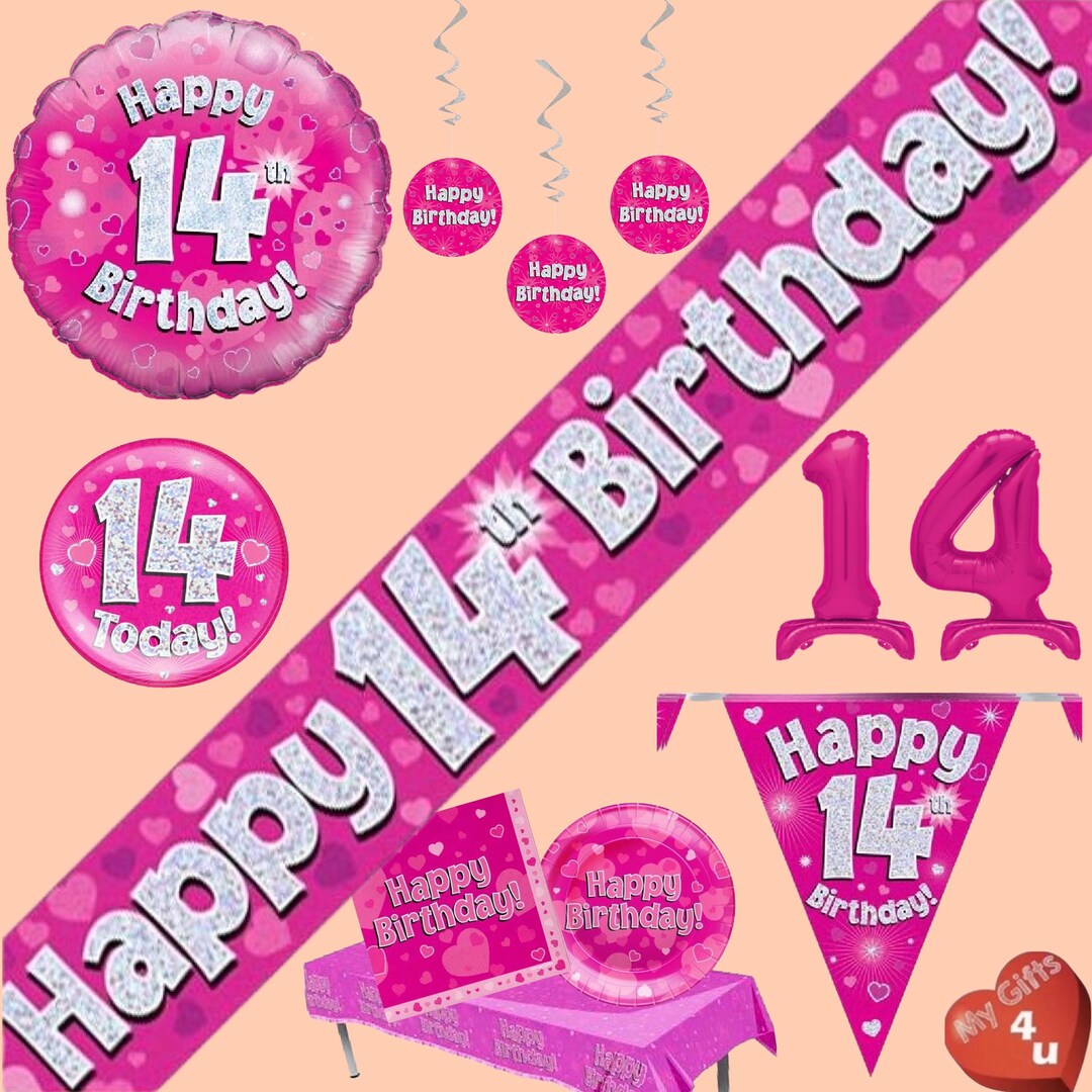 Pink 14th Birthday Decorations Party Bunting Balloons Silver Banners ...