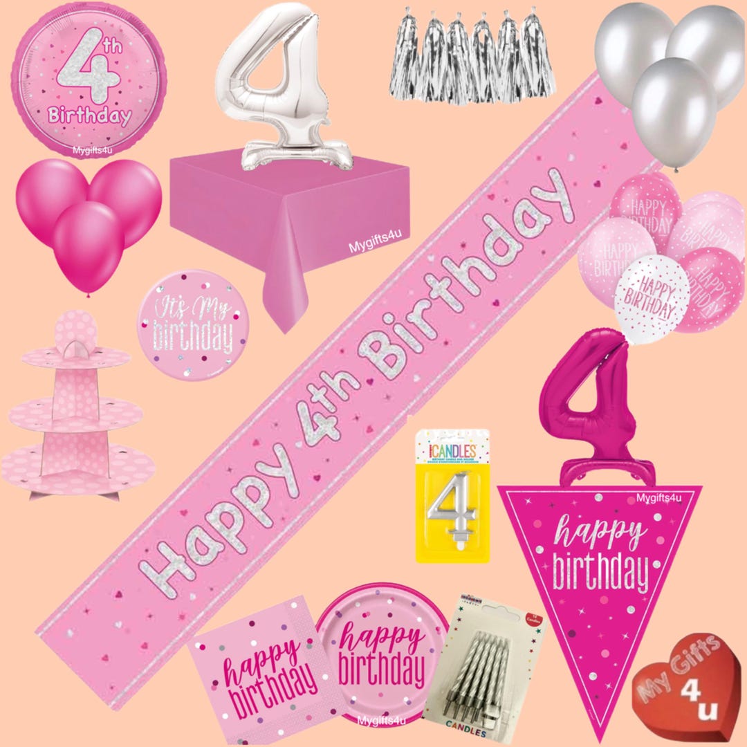 Pink 4th Birthday Decorations Party Bunting Silver Foil Number Balloons ...