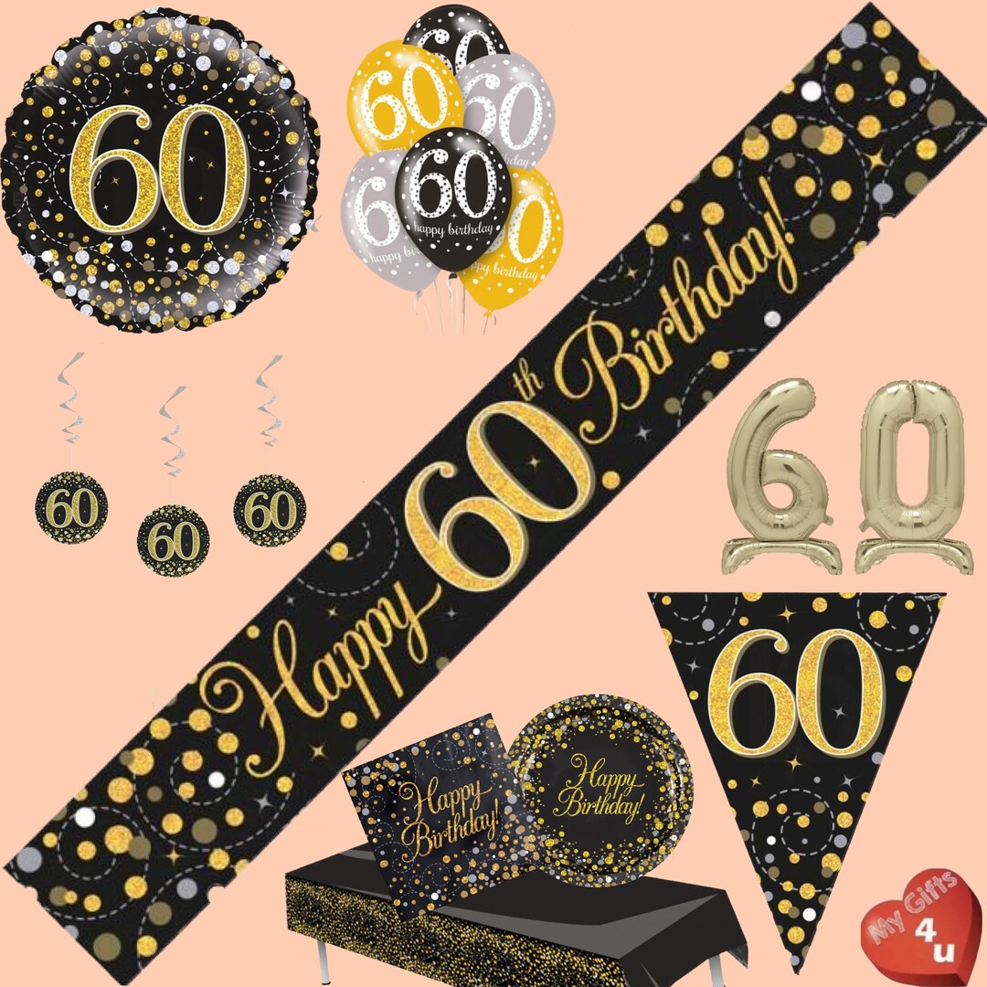 60th Birthday Party Decorations Black & Gold Bunting Banners Swirls ...