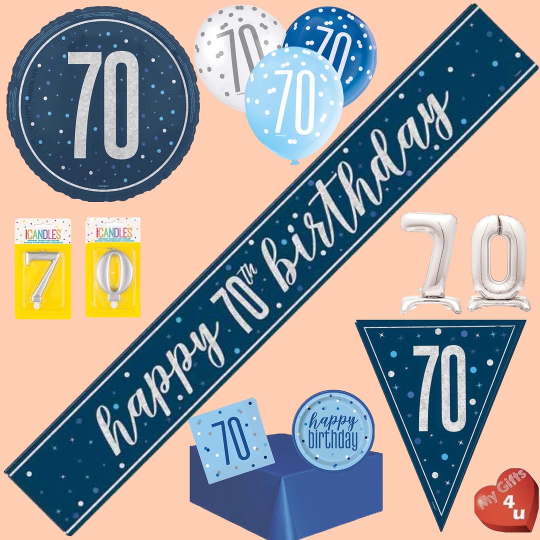 Blue Silver 70th Birthday Decorations Party Bunting Balloons Banners ...