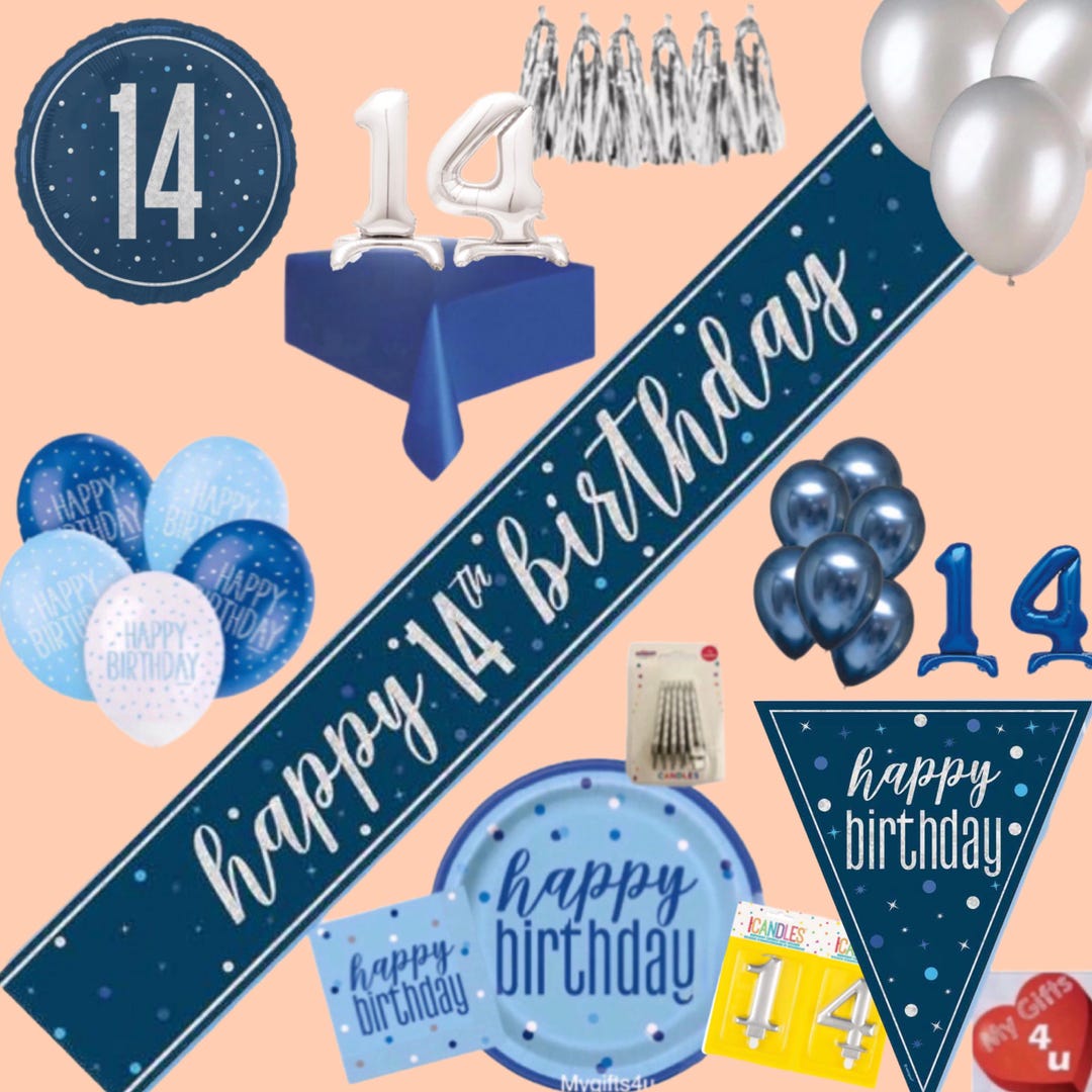 Blue 14th Birthday Decorations Party Bunting Silver Foil Number ...