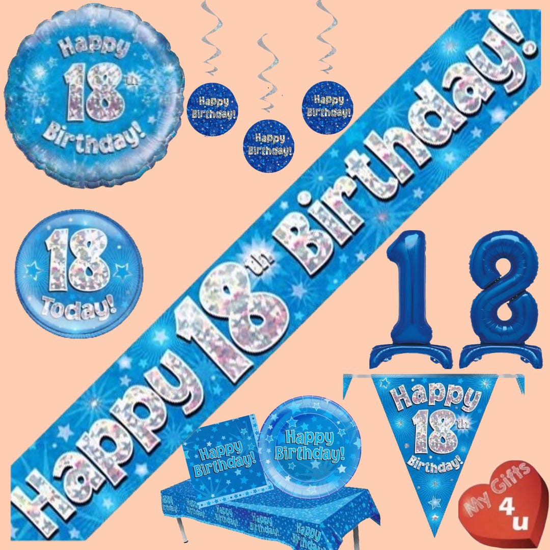 Blue 18th & Happy Birthday Decorations Party Bunting Balloons Banners ...