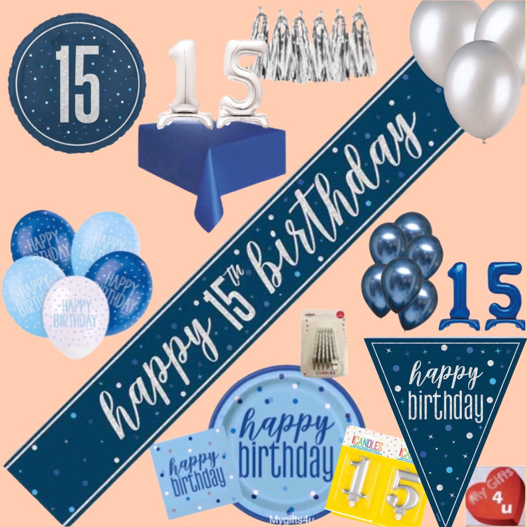 Blue 15th Birthday Decorations Party Bunting Silver Foil Number ...