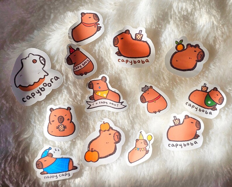 Set of 13 Cute Capybara Stickers - Capyboba, Capybara Bubble Tea ...
