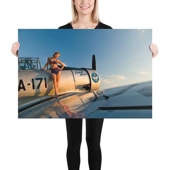 1940s Style Pin Up Girl Sitting On The Cockpit Of A World War Ii T 6
