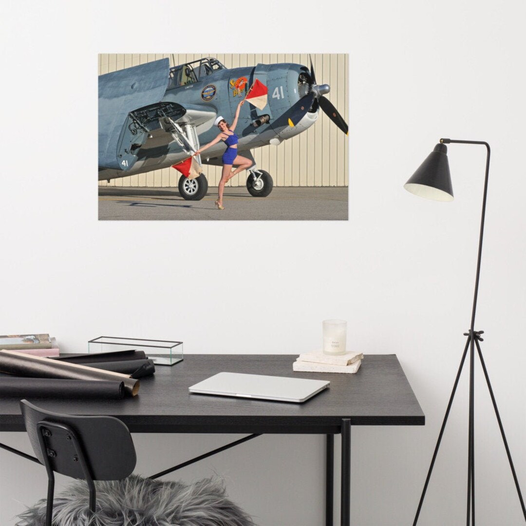 Flag Girl Aviation Pinup Poster - TBM WWII Bomber Vintage Aircraft With ...