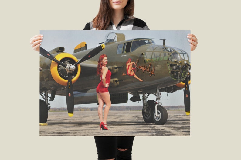 Redhead Bombshell Retro Aviation Poster - B-25 Mitchell WW2 Bomber With 1940's Pin up Girl in ...