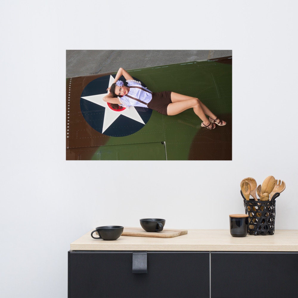 Aviation Girl Poster - Classic Pin up Girl Laying on Aircraft Wing ...