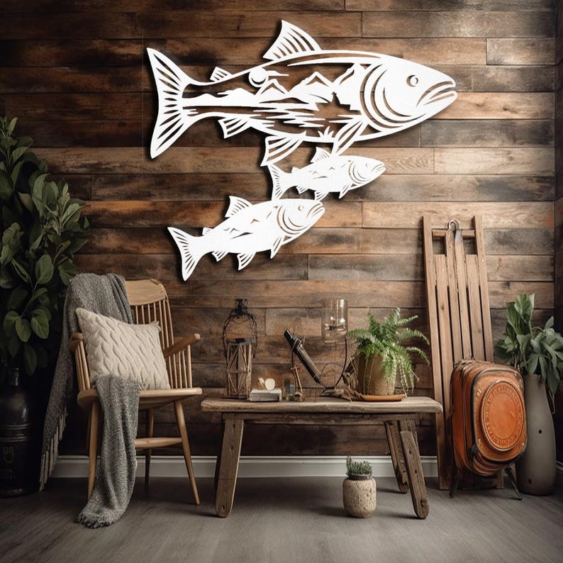 Metal Fish Sign, Decorative Metal Wall Art, Bass Fish Lake Scene ...