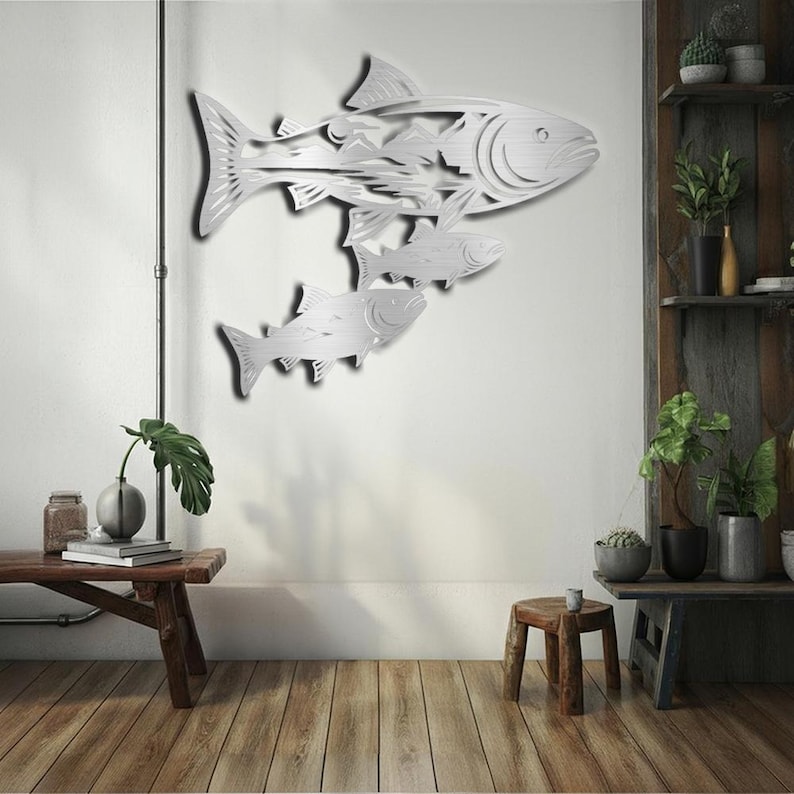Metal Fish Sign, Decorative Metal Wall Art, Bass Fish Lake Scene ...
