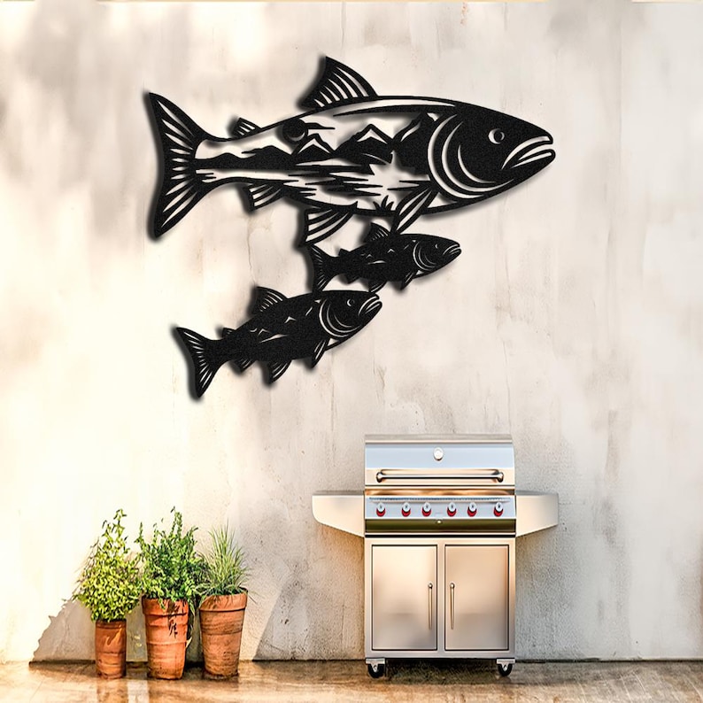 Metal Fish Sign, Decorative Metal Wall Art, Bass Fish Lake Scene ...