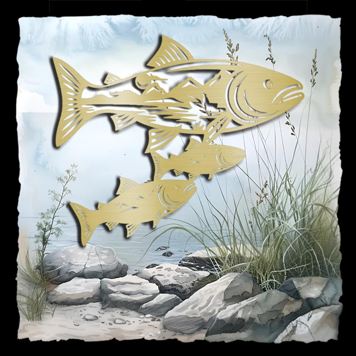 Metal Fish Sign, Decorative Metal Wall Art, Bass Fish Lake Scene ...