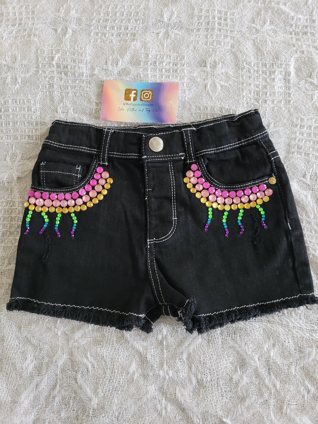 Rainbow Bedazzled Black Denim Girls Shorts - Etsy