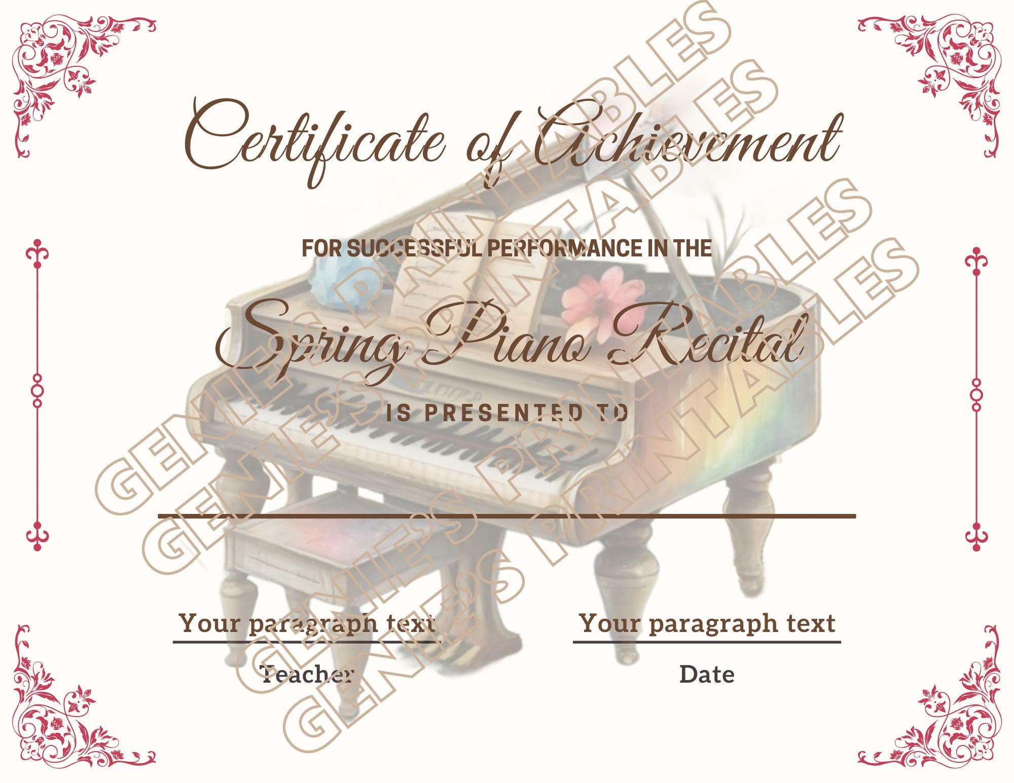 Editable Floral Piano Recital Certificates, Music Certificates Editable ...