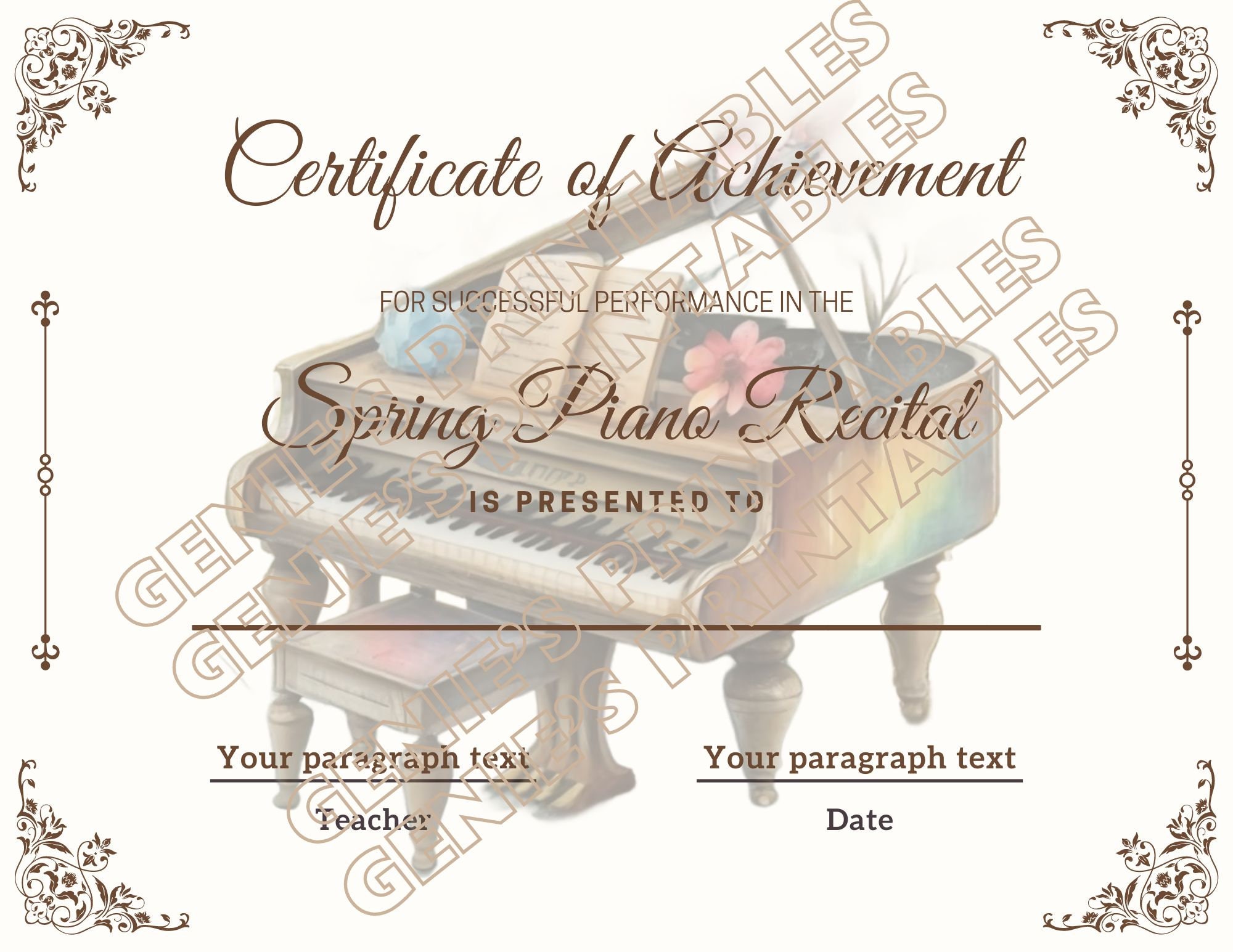 Editable Floral Piano Recital Certificates, Music Certificates Editable ...