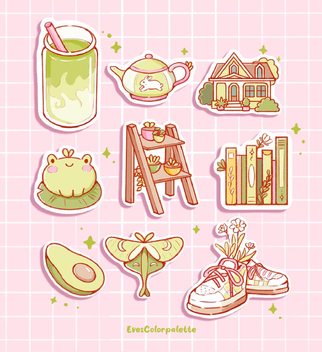 Green Aesthetic Sticker Pack – Frog, Avocado, Plants – Kawaii Vinyl ...