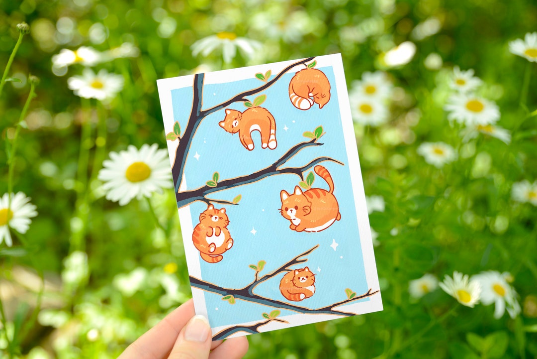 Orange Cat Tree Art Print – Whimsical Cat Illustration | Spring Wall ...
