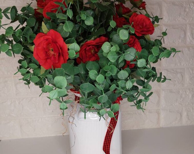 Red Rose Centerpiece, Farmhouse Decor Metal Pitcher, Modern Farmhouse ...