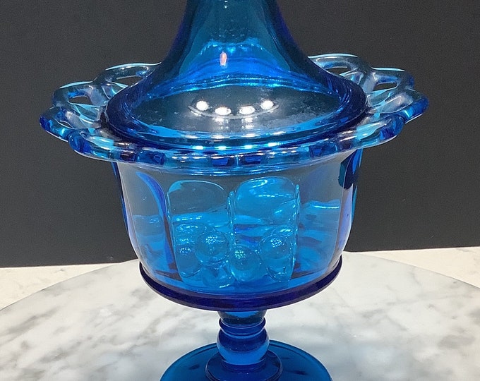 Vintage Imperial Pedestal Lidded Blue Candy Dish, Glass Candy Jar ...