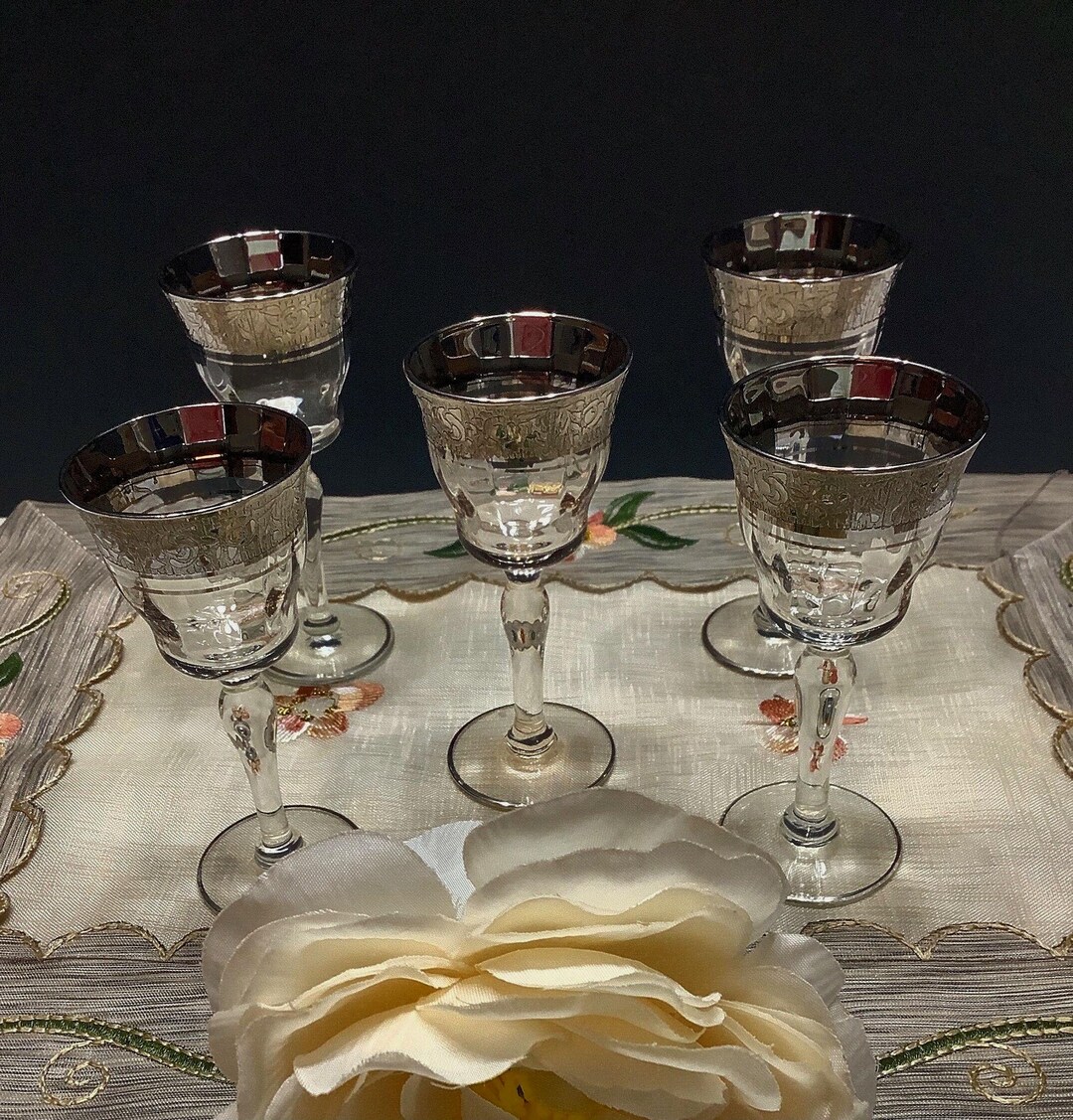 Set of 5, Vintage Embossed Silver Rim Cordials, Unique Ribbed Design ...