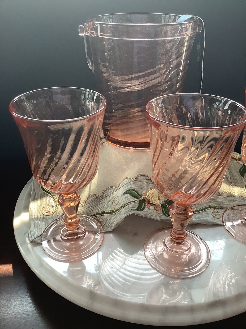 Vintage Pink Depression Glass Ice Bucket Set, Embossed Metal Handle - Etsy