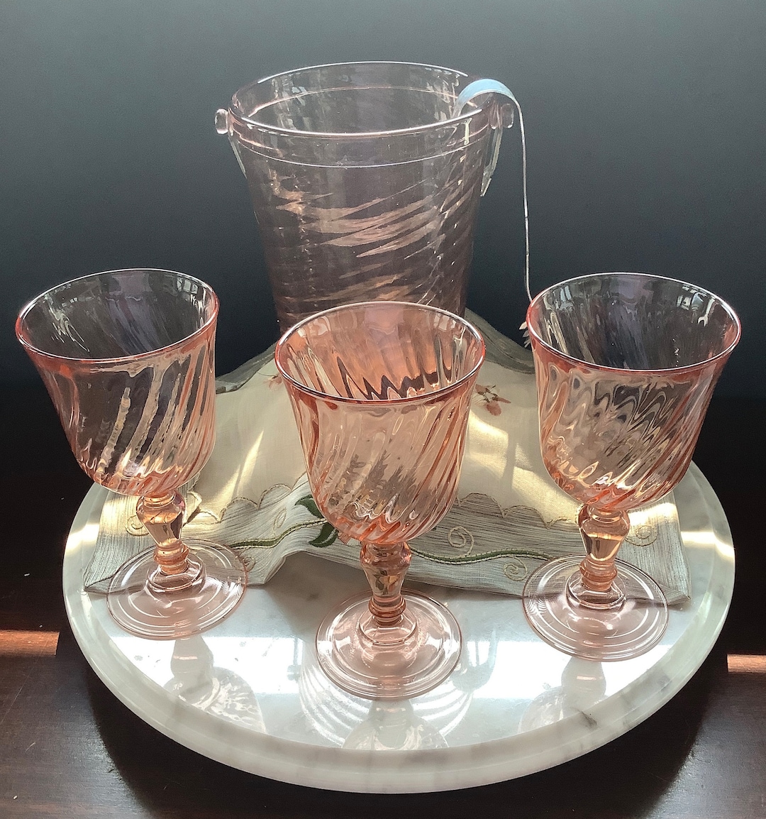 Vintage Pink Depression Glass Ice Bucket Set, Embossed Metal Handle - Etsy