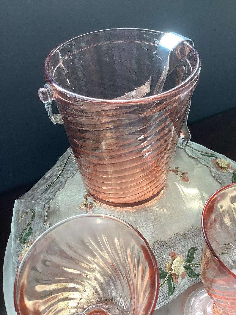 Vintage Pink Depression Glass Ice Bucket Set, Embossed Metal Handle - Etsy