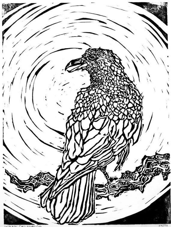 Crow Block Print Raven Linocut Print Linoprint Original Art - Etsy