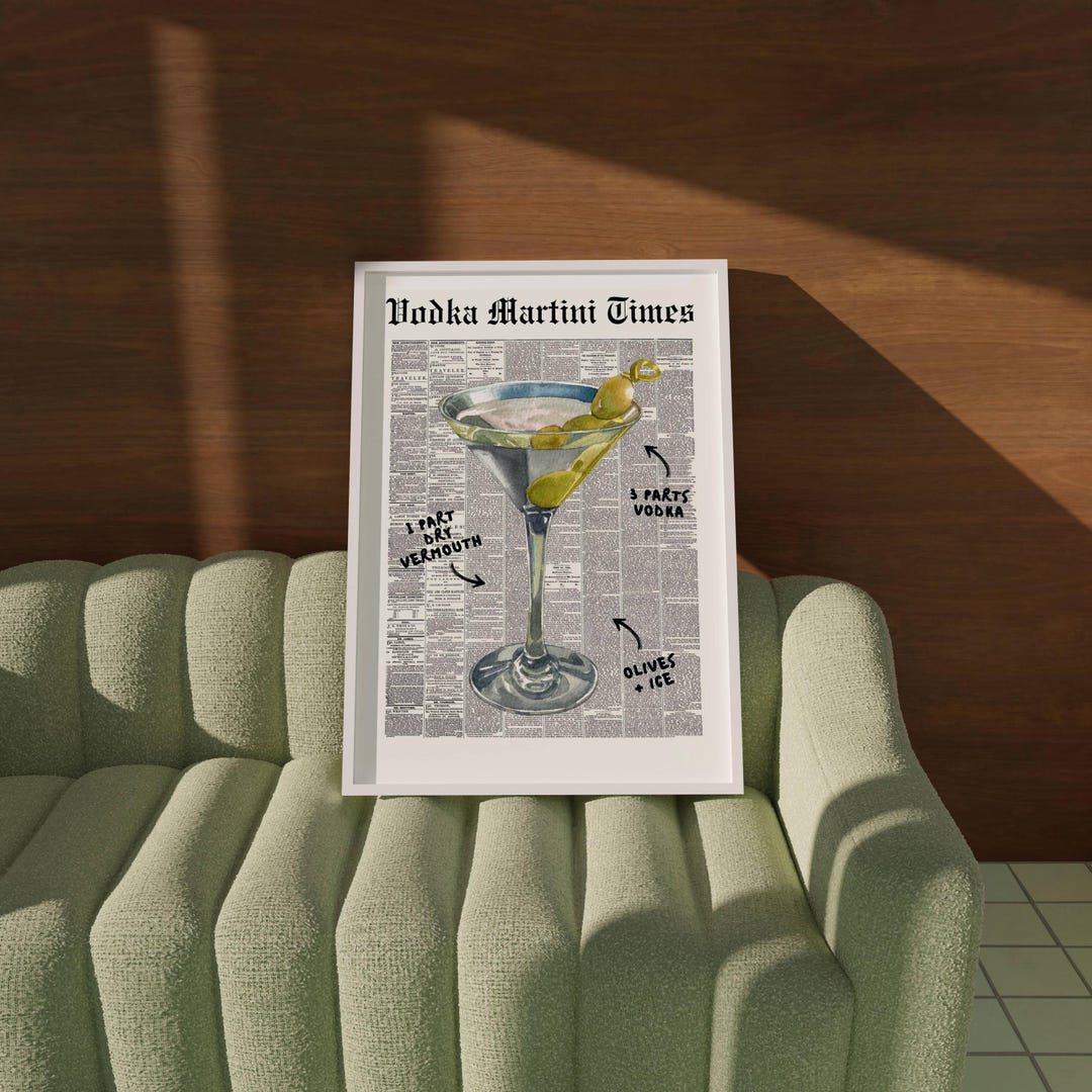 Vodka Martini Retro Newspaper Print Funky Cocktail Poster Bar Cart ...