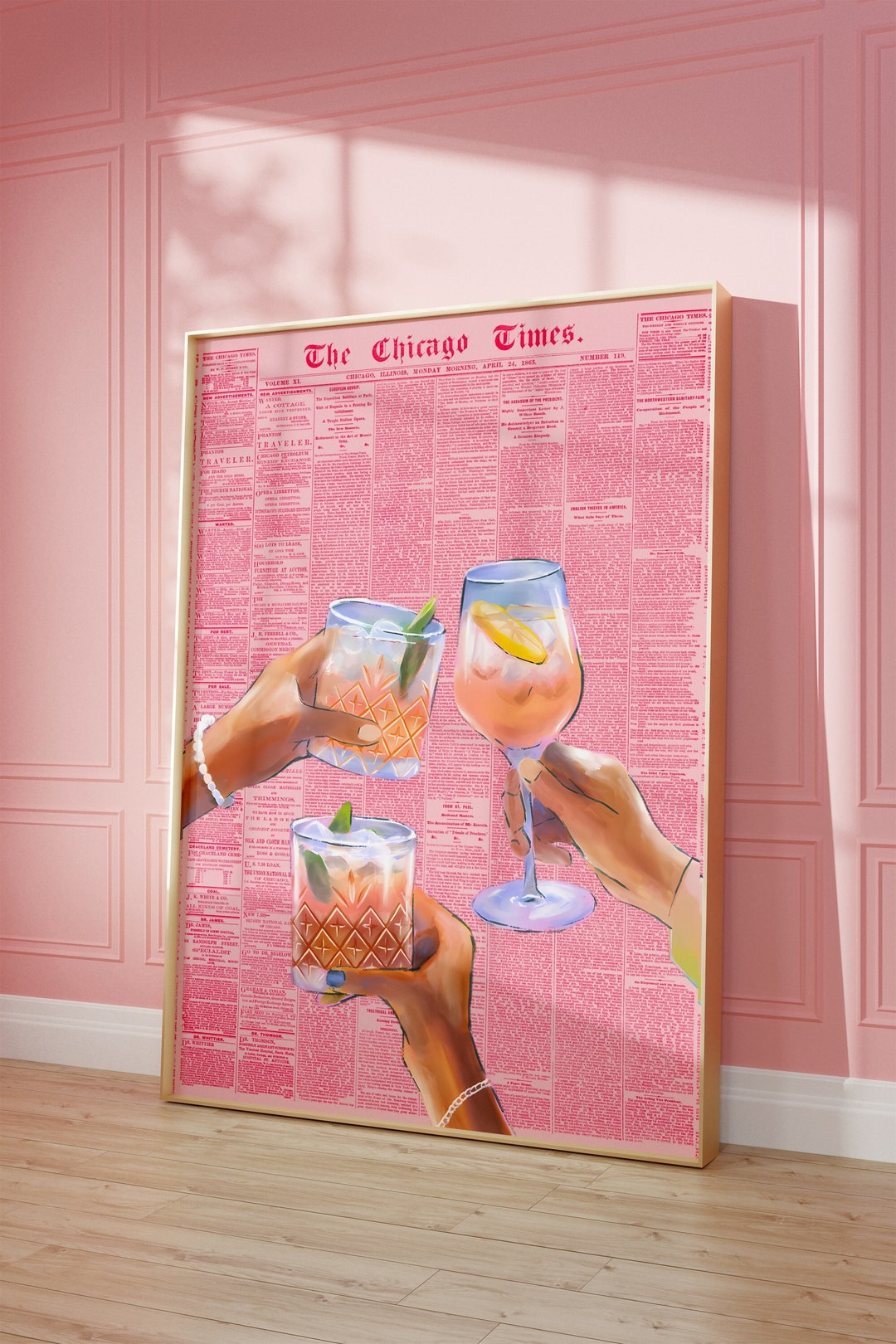 Pink NEWSPAPER CHEERS Print - Retro Newspaper Print Trendy Kitchen Wall ...