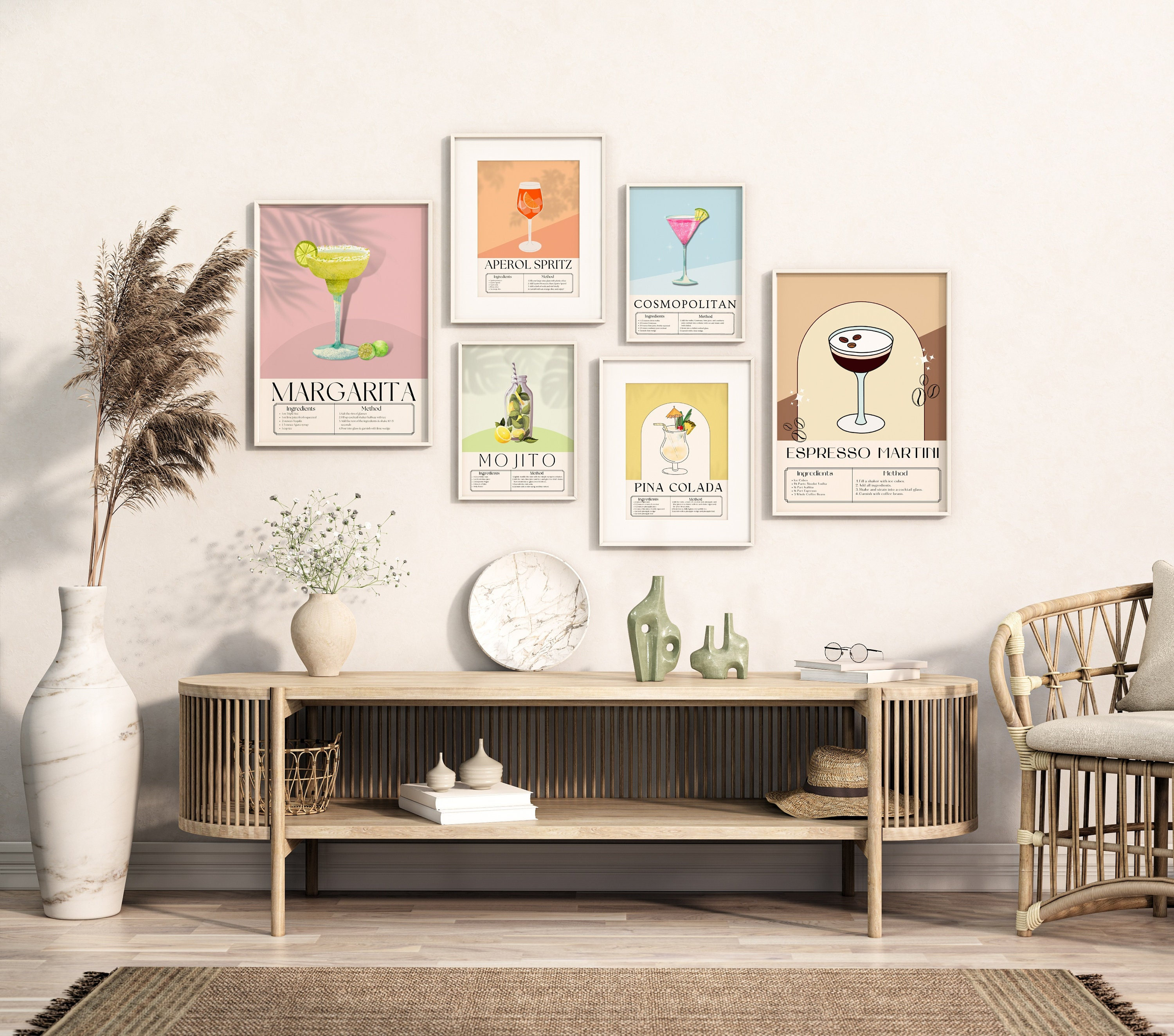 Cocktail Print Set of 6, Colorful Bar Cart Gallery Wall Set, Drinks ...