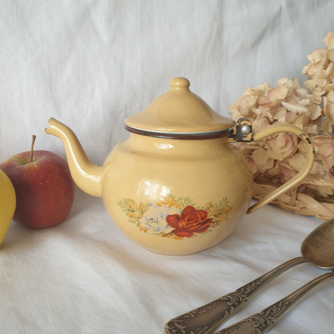 Vintage Enamel Tea Pot, Small Teapot, Cream Beige W Orange and Green ...