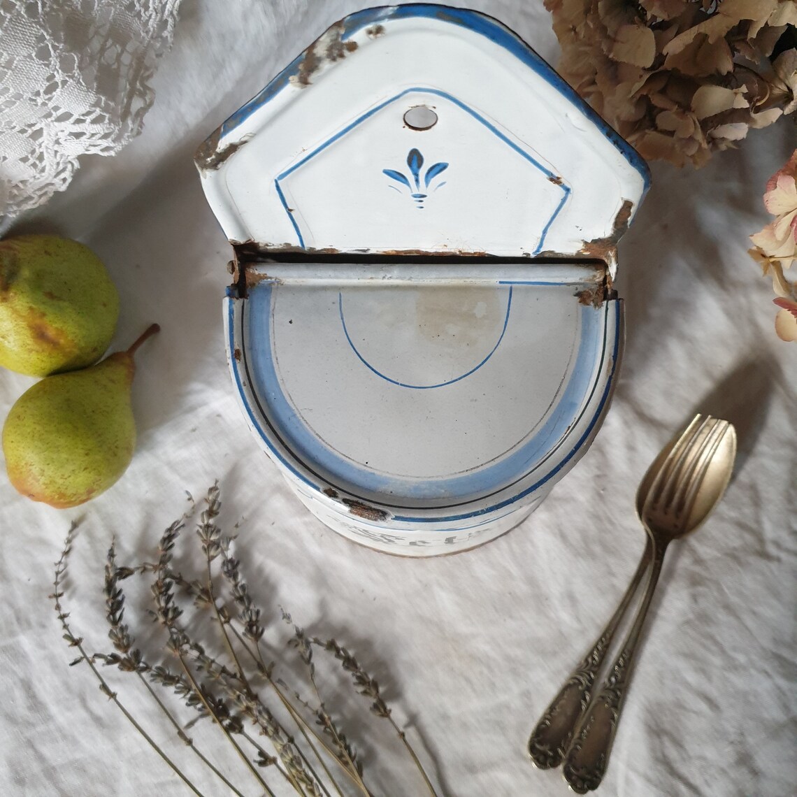 Large French Enamel Salt Box Blue and White With - Etsy