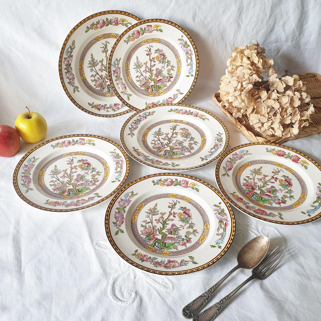 Vintage Staffordshire Plates: Indian Tree Pattern, Hand-colored Set of ...