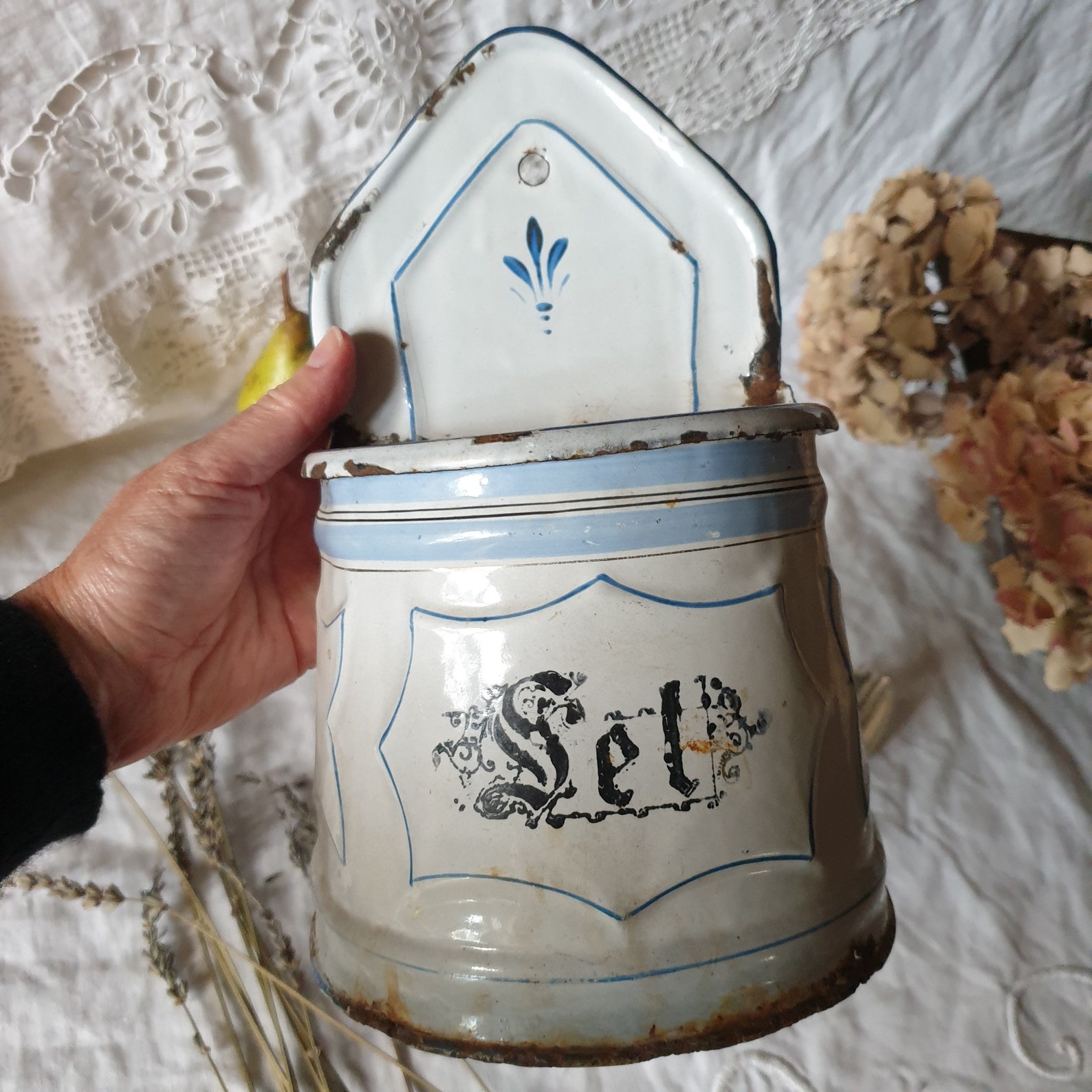 Large French Enamel Salt Box Blue and White With - Etsy