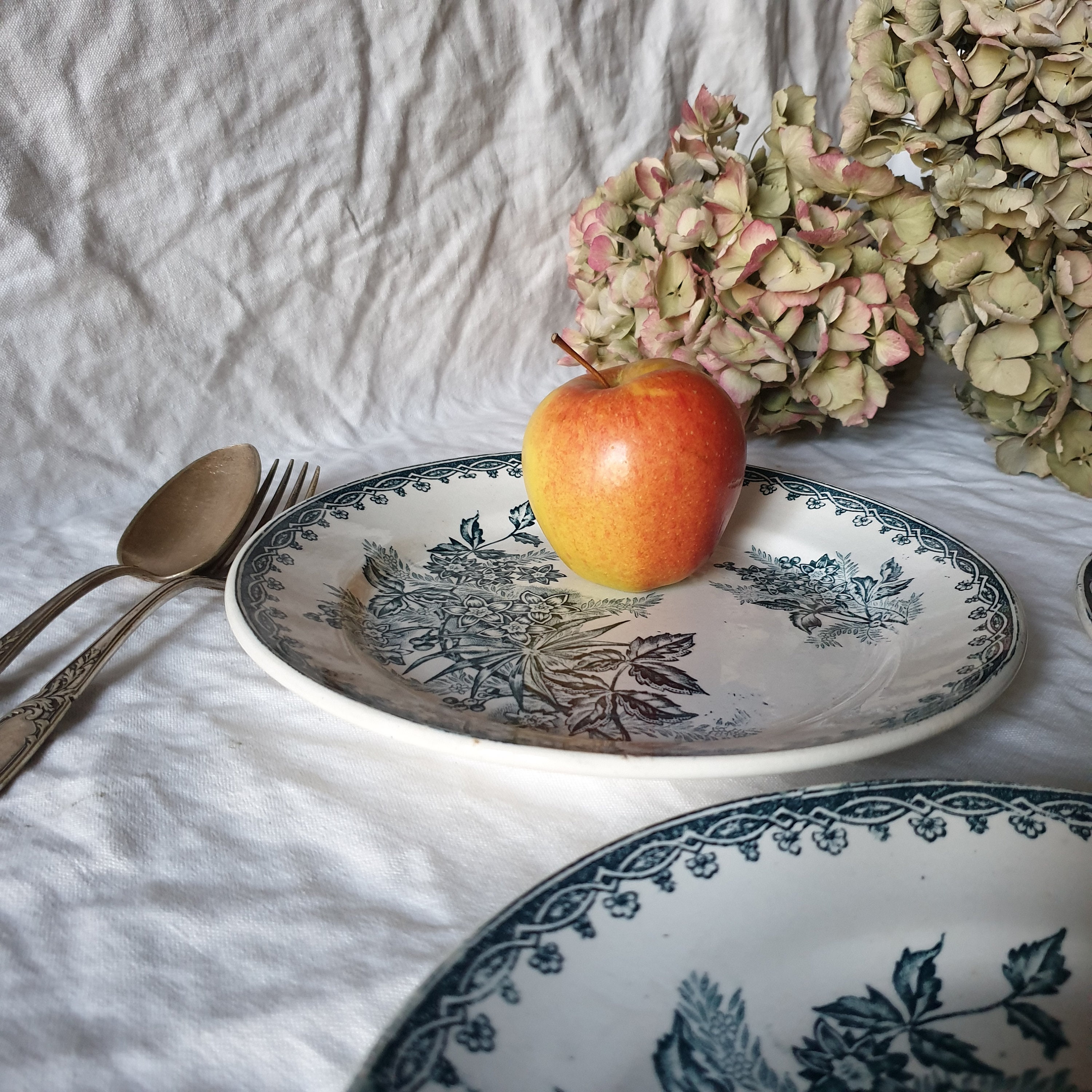 French Antique Dinner Plate in Teal Blue Transferware W Daisy | Etsy