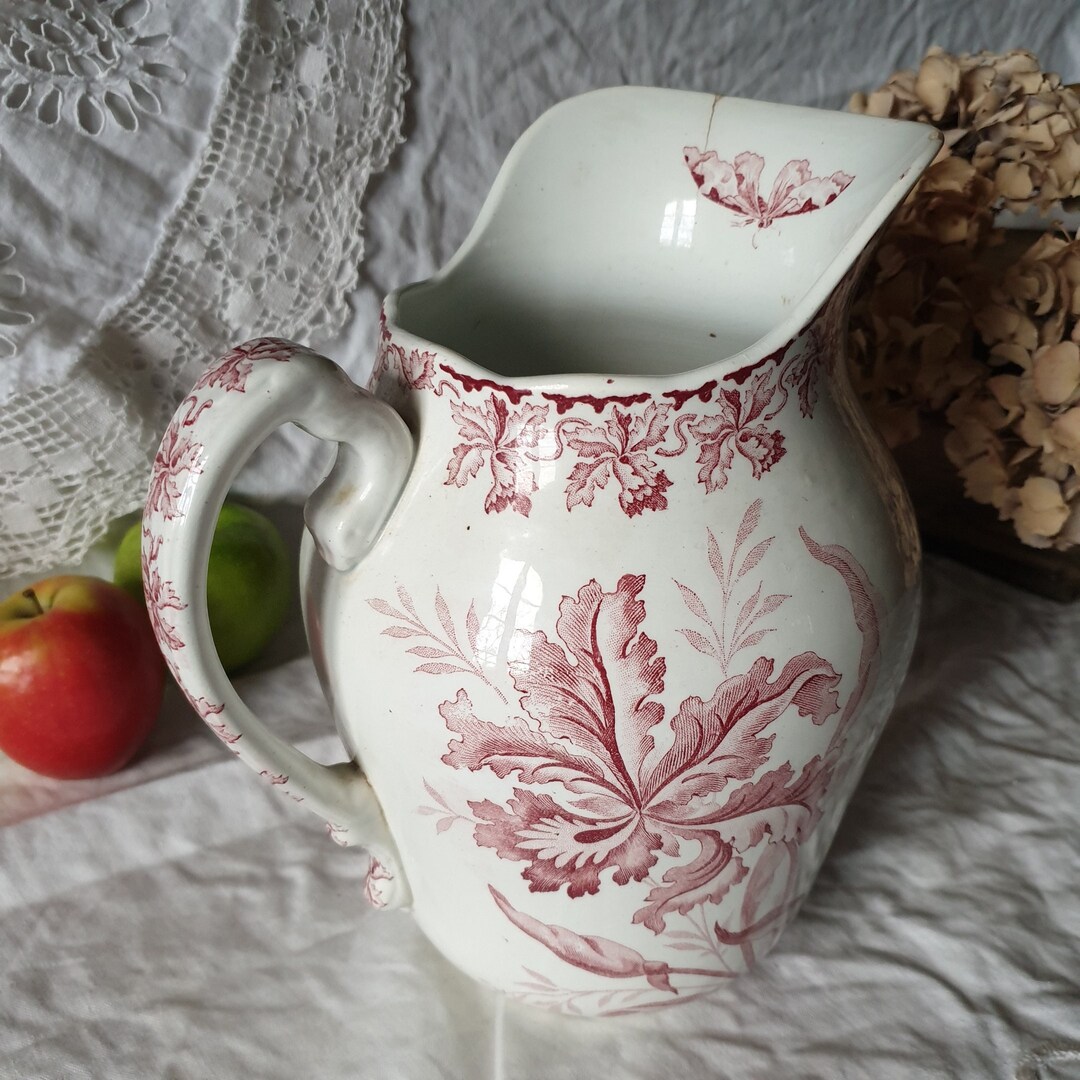 Antique Water Jug / Tall Pitcher French Design of Birds, Butterfly ...