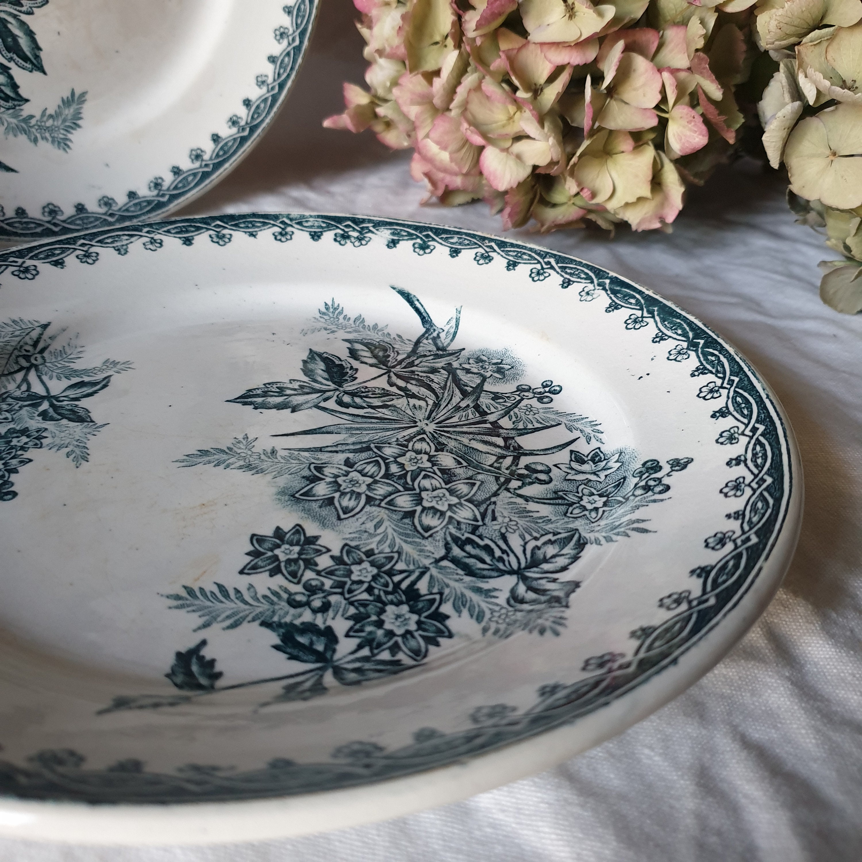 French Antique Dinner Plate in Teal Blue Transferware W Daisy | Etsy