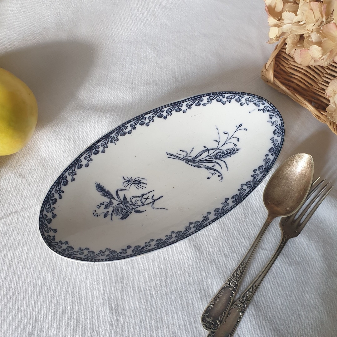 French Bug and Floral Design Ceramic Ravier, Antique Small Serving Dish ...