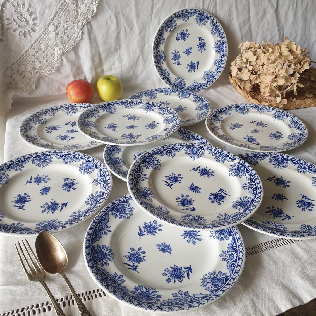 Set of 10 French Antique Dinner Plates in Navy Blue Transferware ...