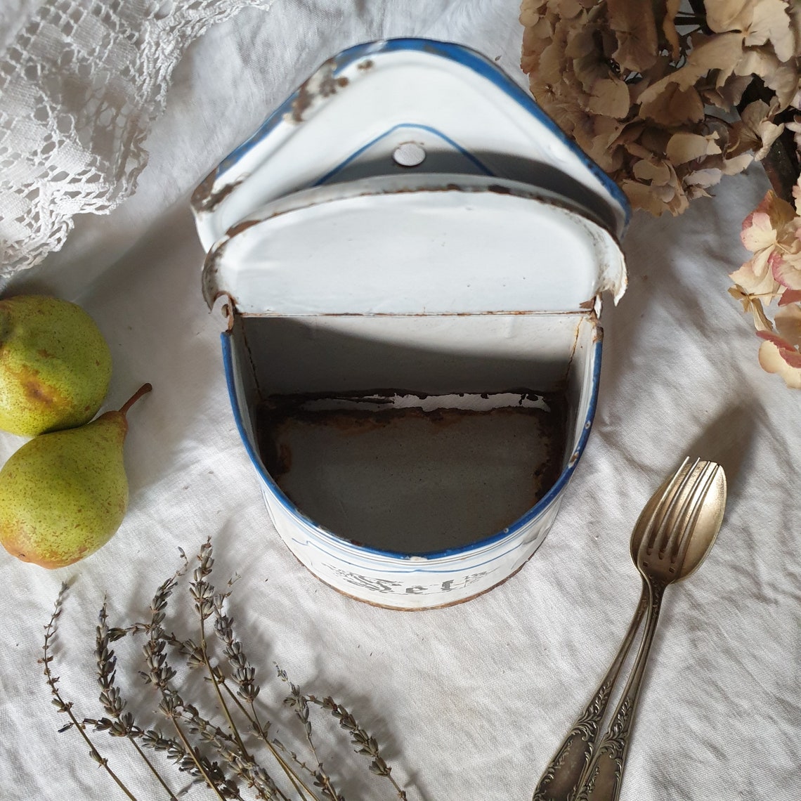Large French Enamel Salt Box Blue and White With - Etsy