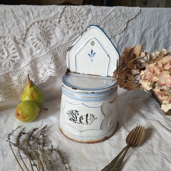 Large French Enamel Salt Box Blue and White With - Etsy