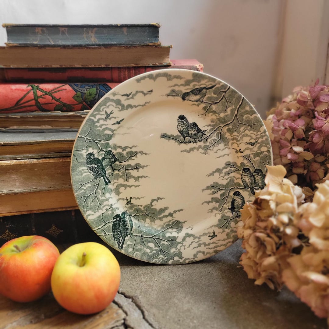 French Antique Plate 'neige' by Sarreguemines, Grey / Green ...
