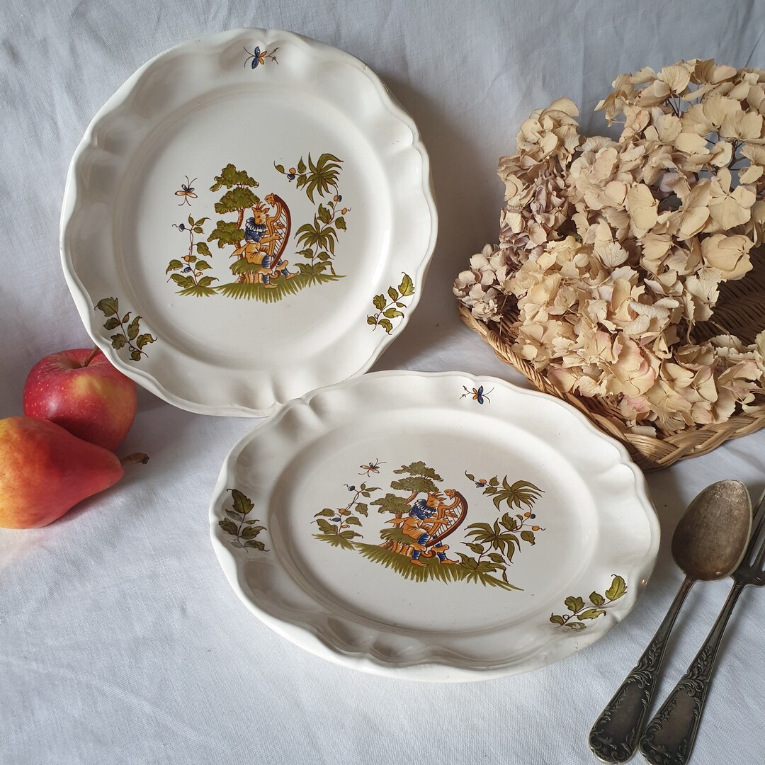 PAIR of French Vintage Plates 'moustiers' Style With Faun Harp Player ...