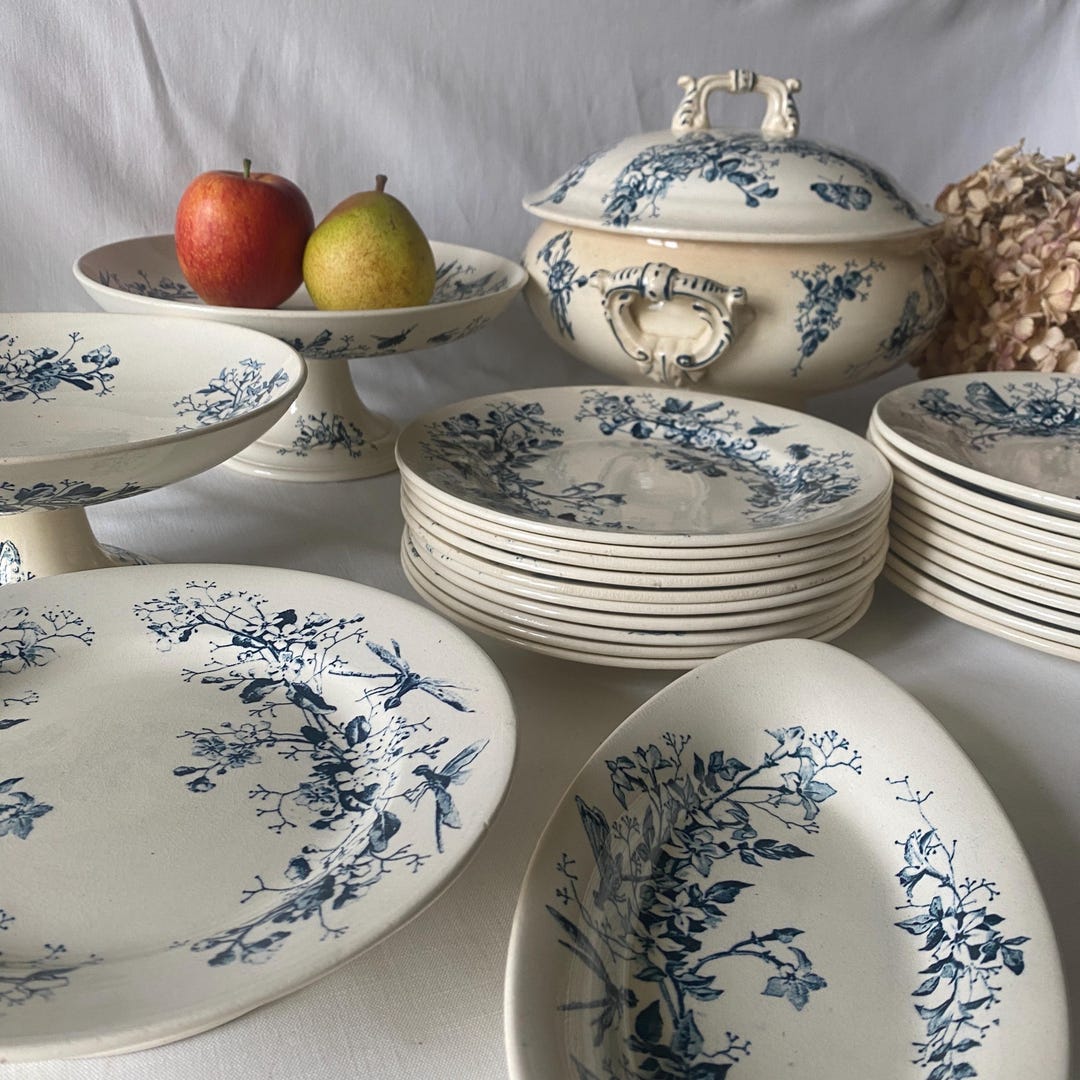 Antique Butterflies & Floral Dinner Service: French Blue Transferware ...