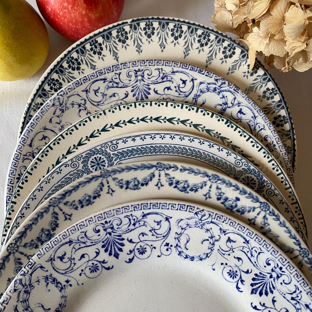 Vintage Antique French Ironstone Side Plates, Set of 6, Blue ...