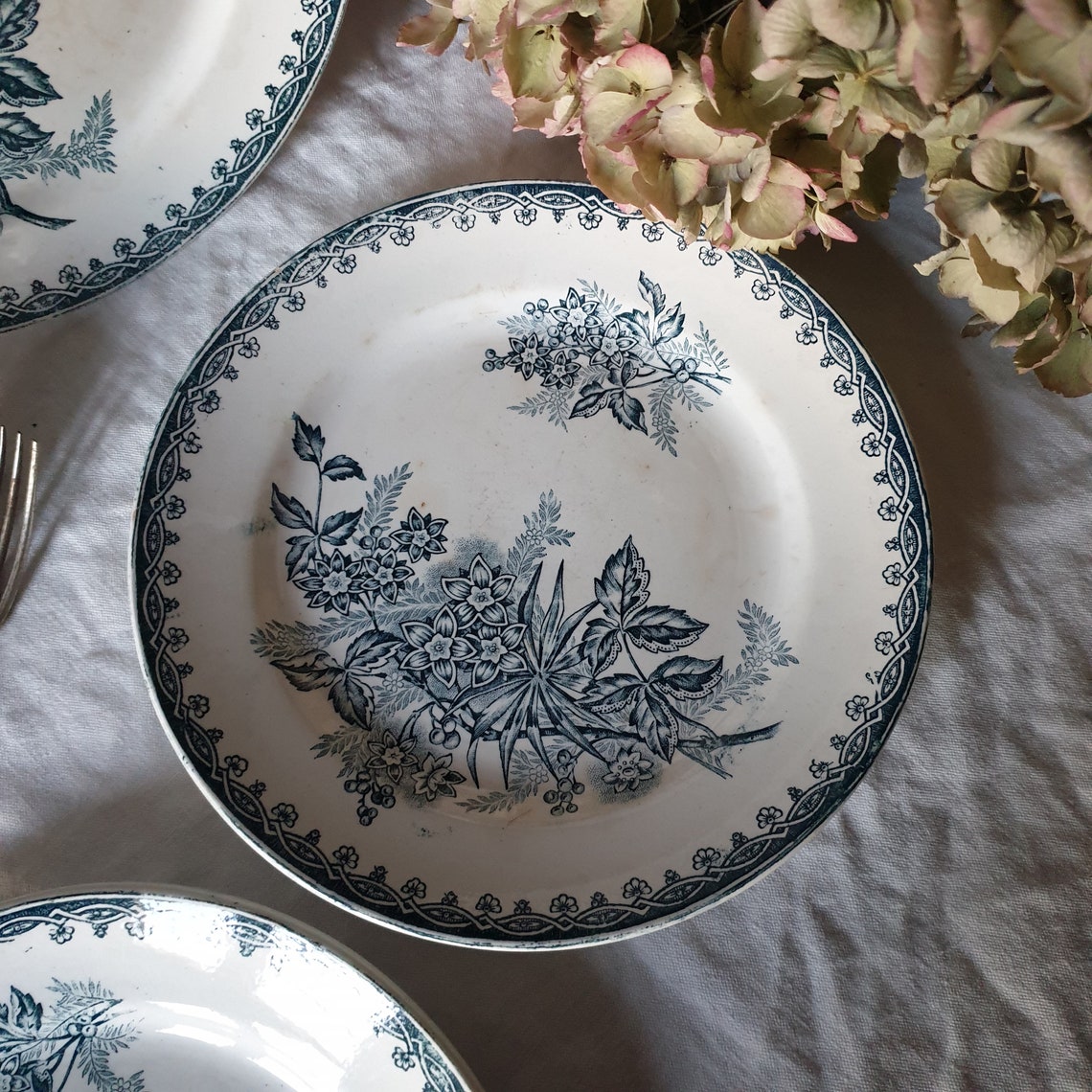 French Antique Dinner Plate in Teal Blue Transferware W Daisy | Etsy