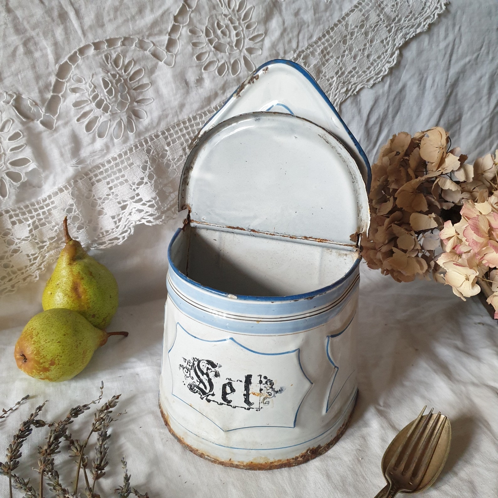Large French Enamel Salt Box Blue and White With - Etsy